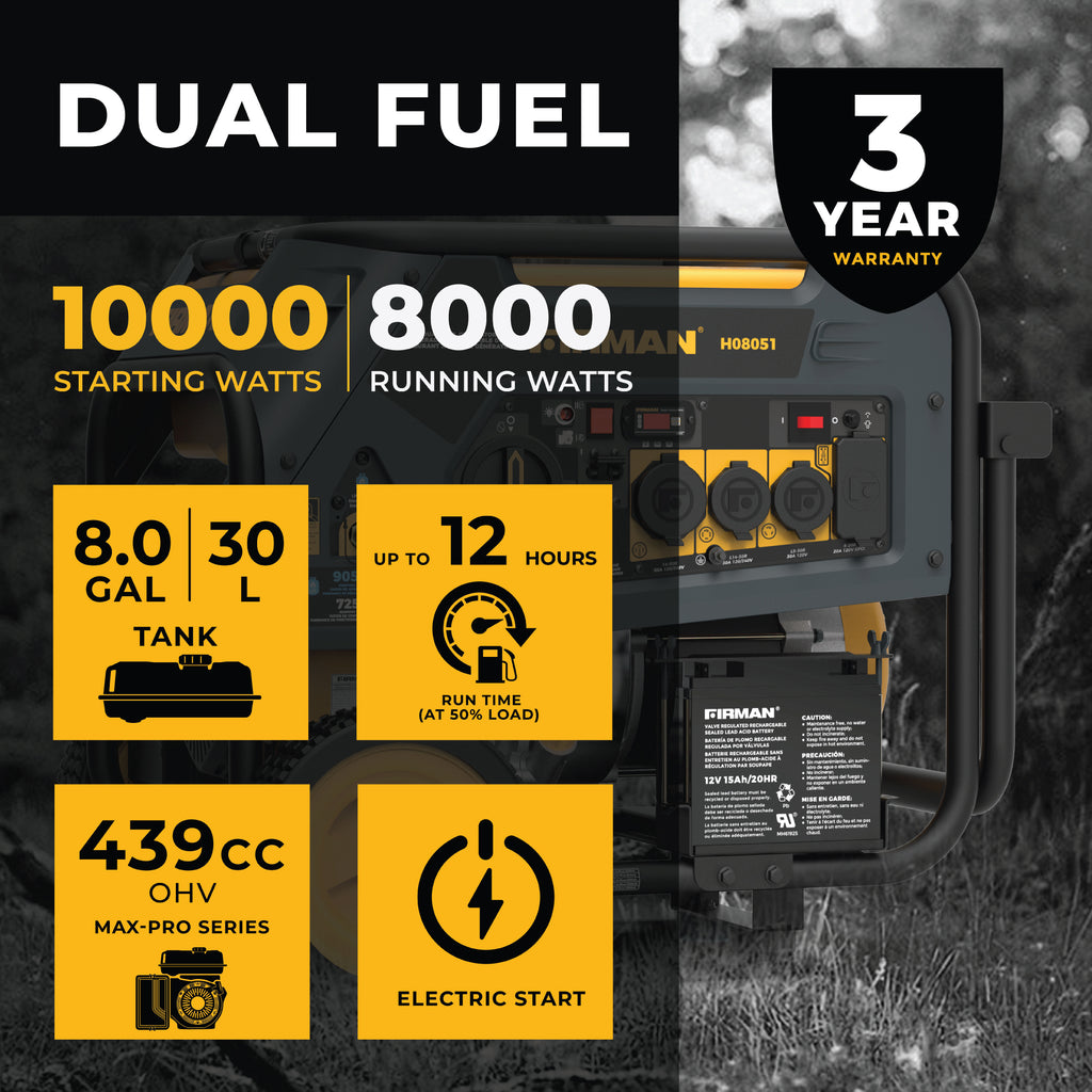Dual Fuel Portable Generator 8000W Electric Start 120/240V – FIRMAN ...